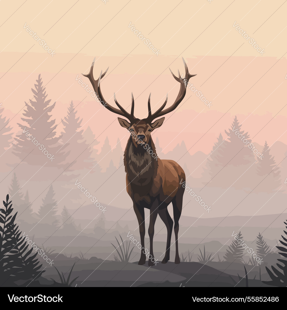 Stag stehend im Wald mit neblig Hintergrund Vektorbild