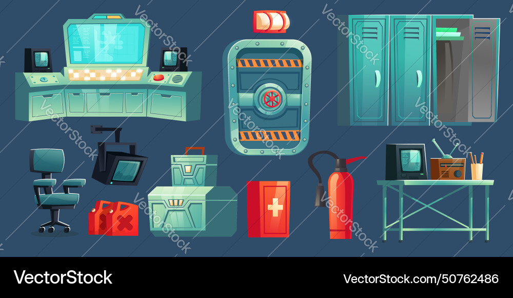 Underground bunker laboratory interior cartoon set