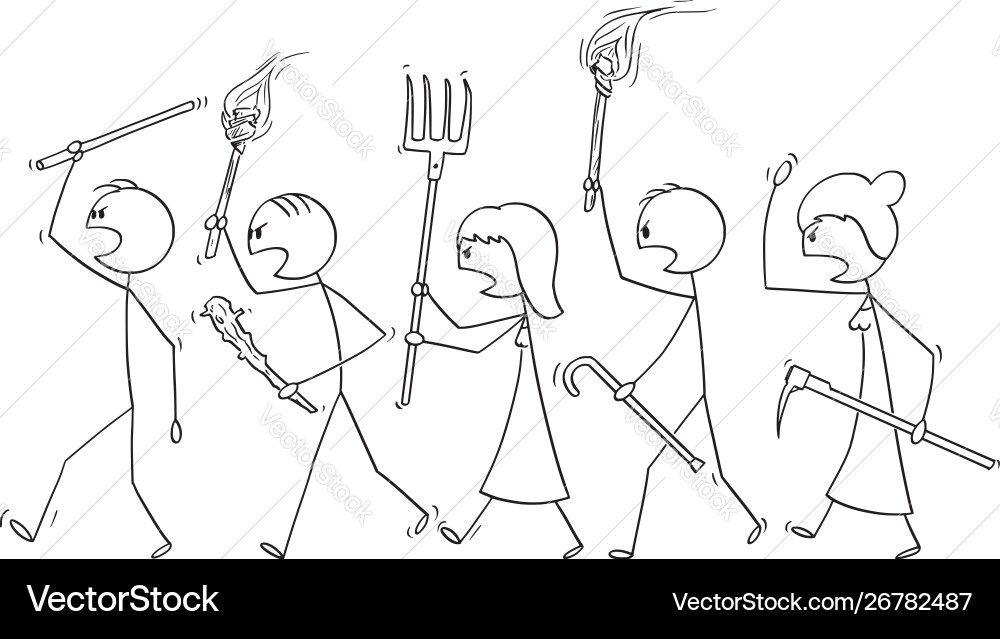 Cartoon angry mob stick characters walking Vector Image