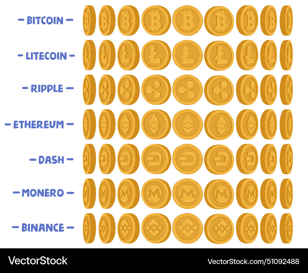 Cryptocurrencies coins cartoon set bitcoin Vector Image