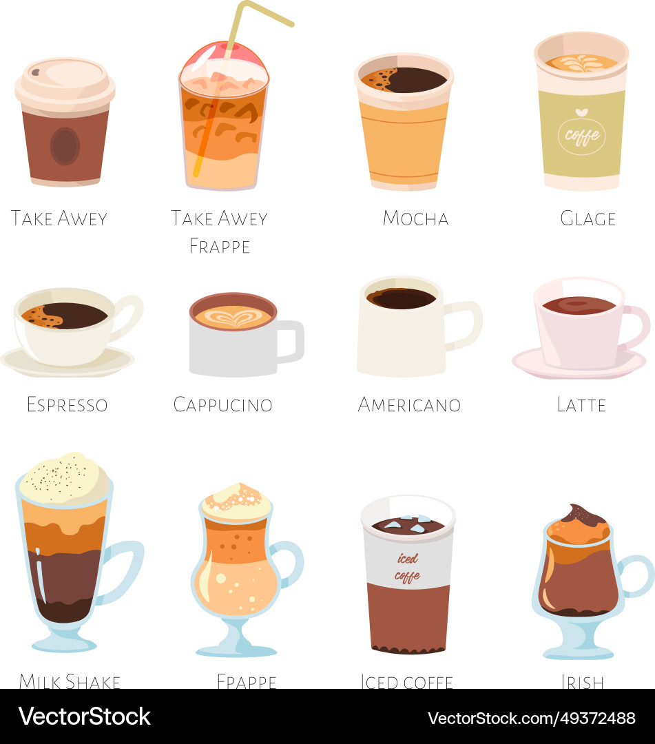 Various caffeine drinks beverages for cafe menu Vector Image
