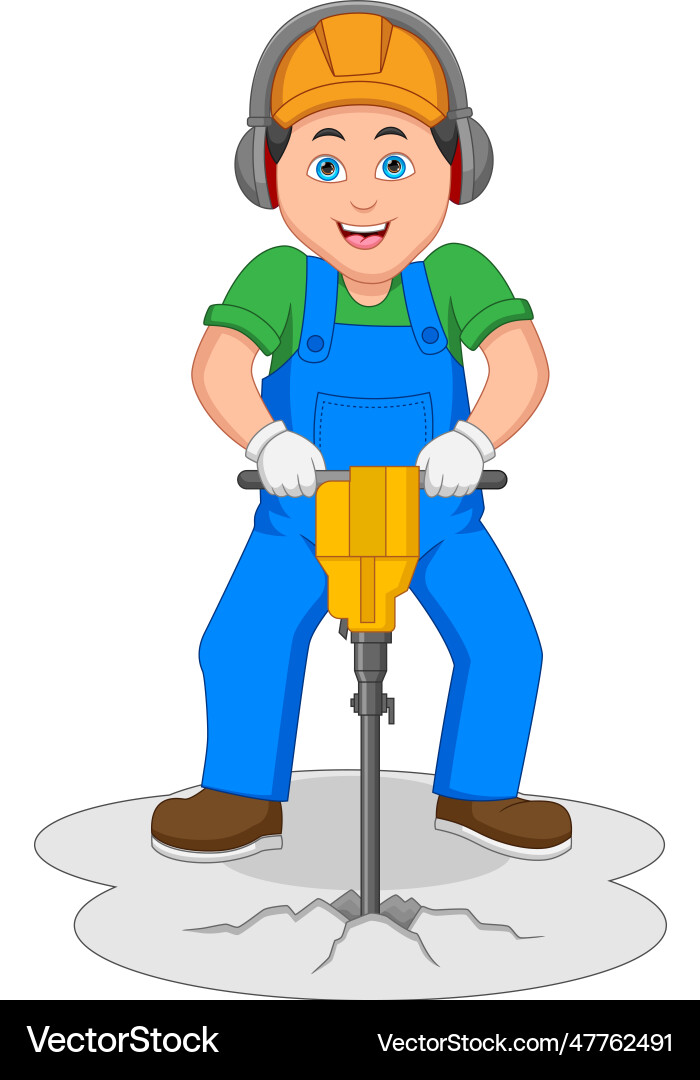 Construction worker jackhammer drilling cartoon Vector Image