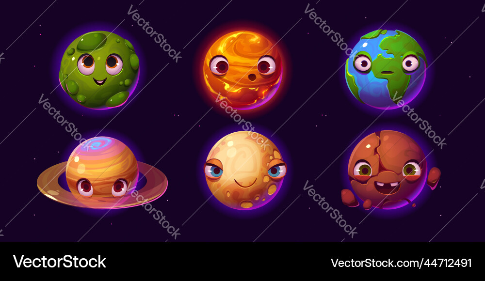 Cute earth planets and asteroid characters Vector Image