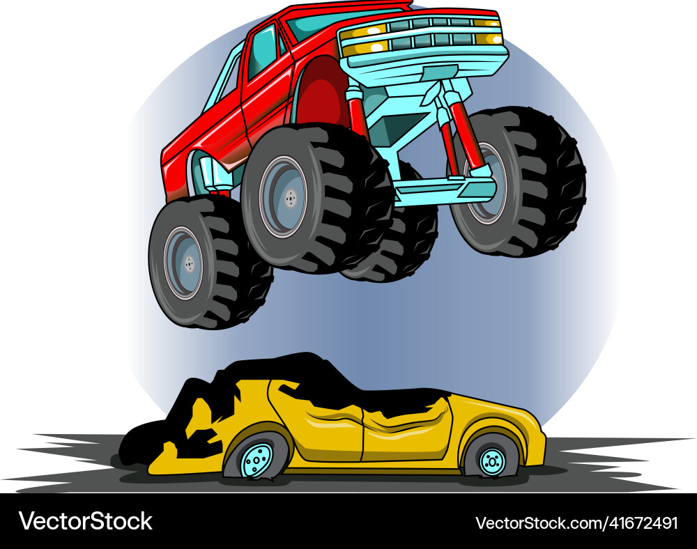 Red monster truck jumping a car Royalty Free Vector Image