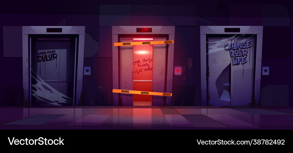 Broken elevators abandoned lift with damaged door Vector Image
