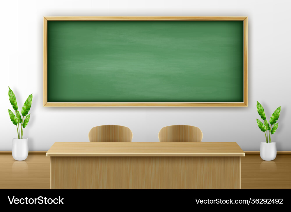 Classroom with green blackboard on wall and table Vector Image