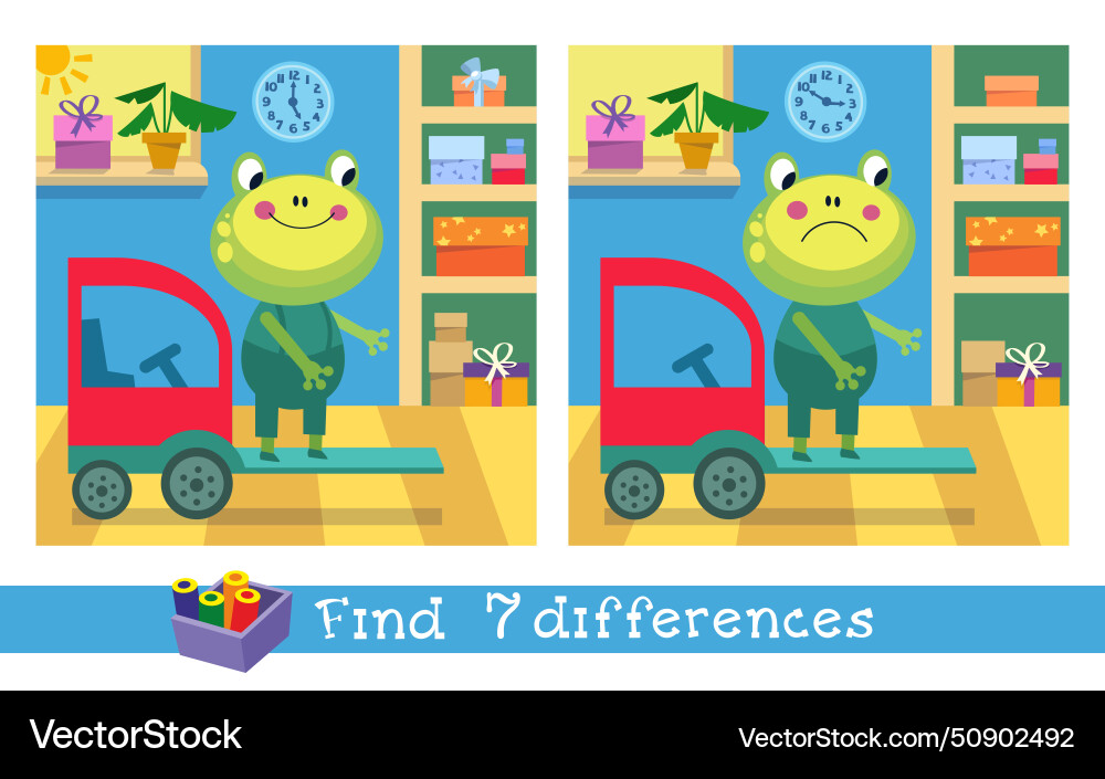 Find 7 differences game for children frog Vector Image