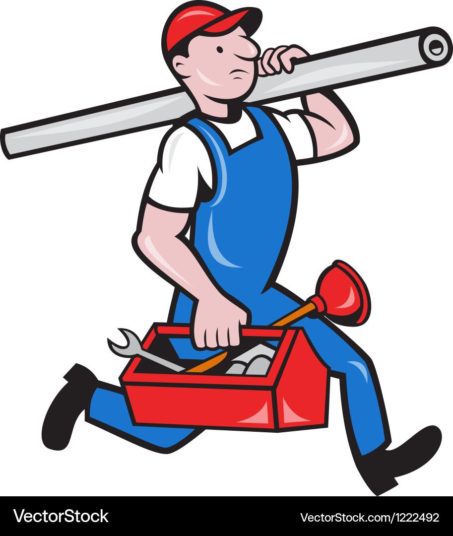 Plumber with pipe toolbox cartoon Royalty Free Vector Image