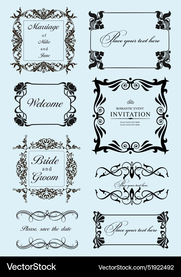 Set of ornate frames and ornaments with sample Vector Image