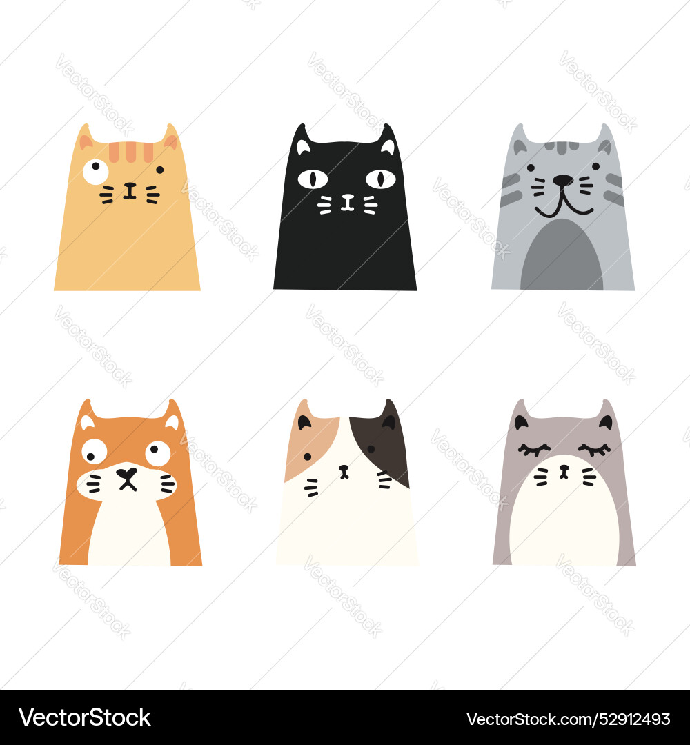 Hand-drawn cat head face collection Royalty Free Vector