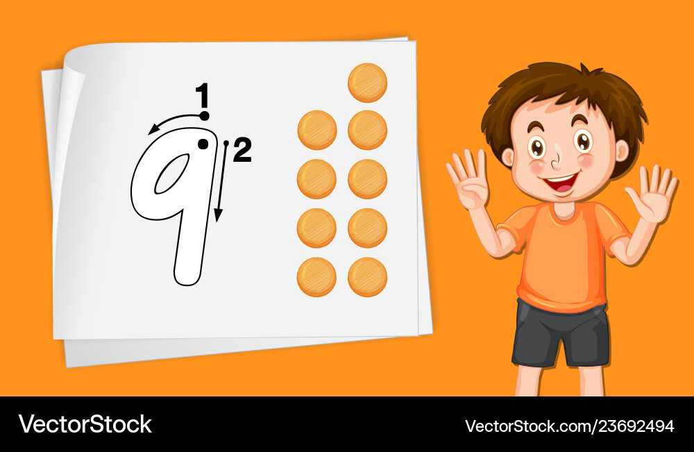 Boy with number nine tracing worksheets Royalty Free Vector