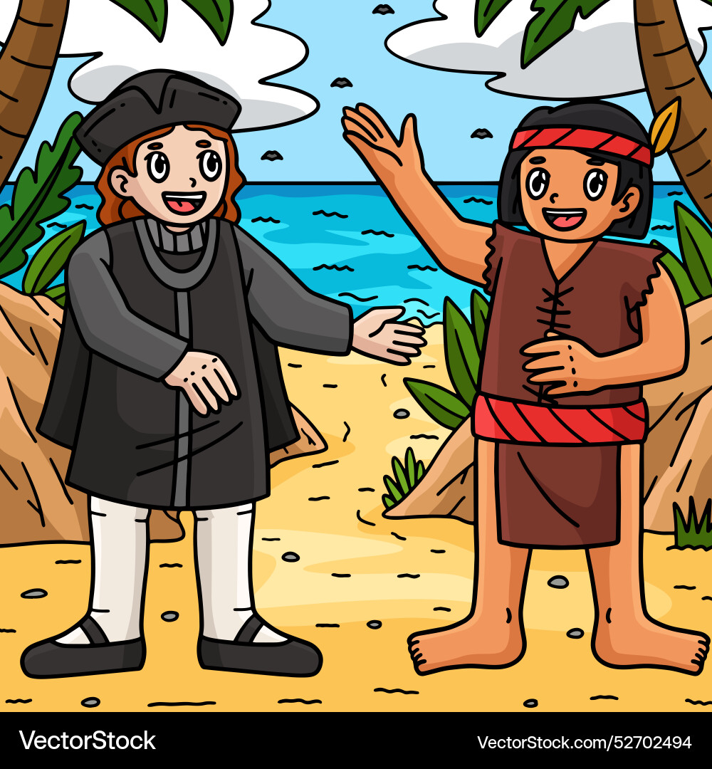 Columbus day two man talking colored cartoon Vector Image