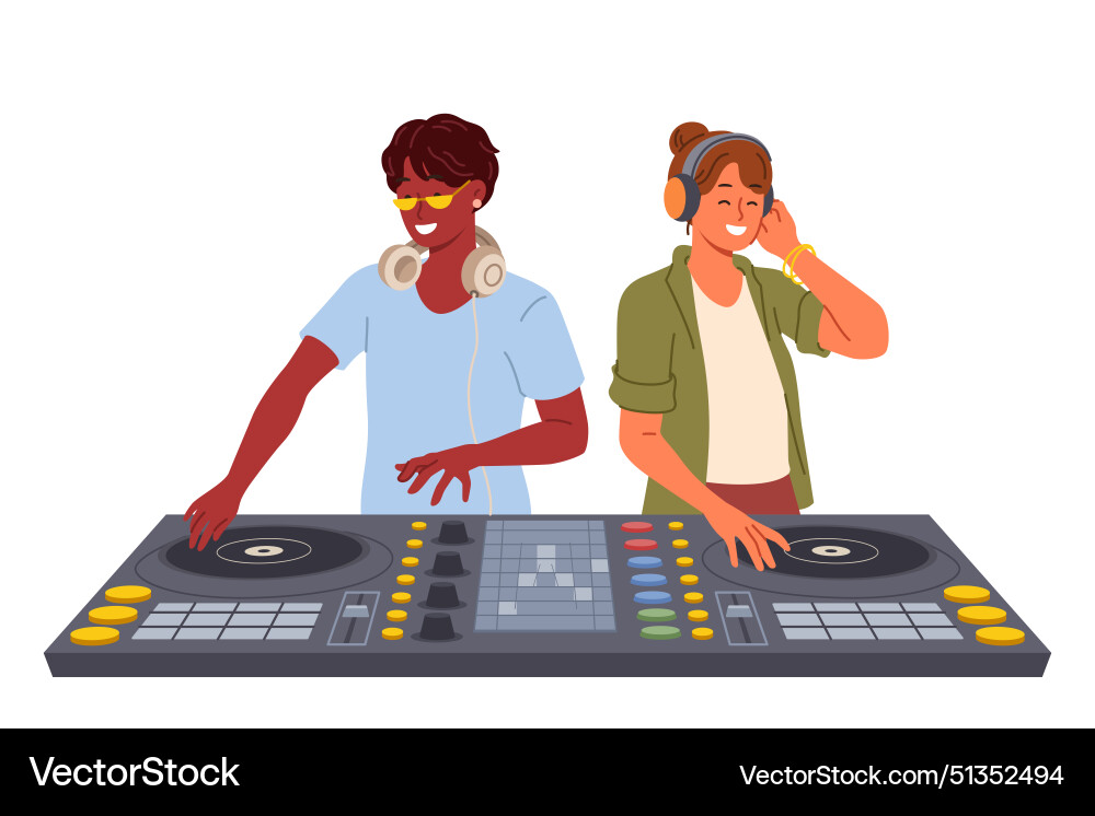Two dj use mixing console to entertain visitors Vector Image