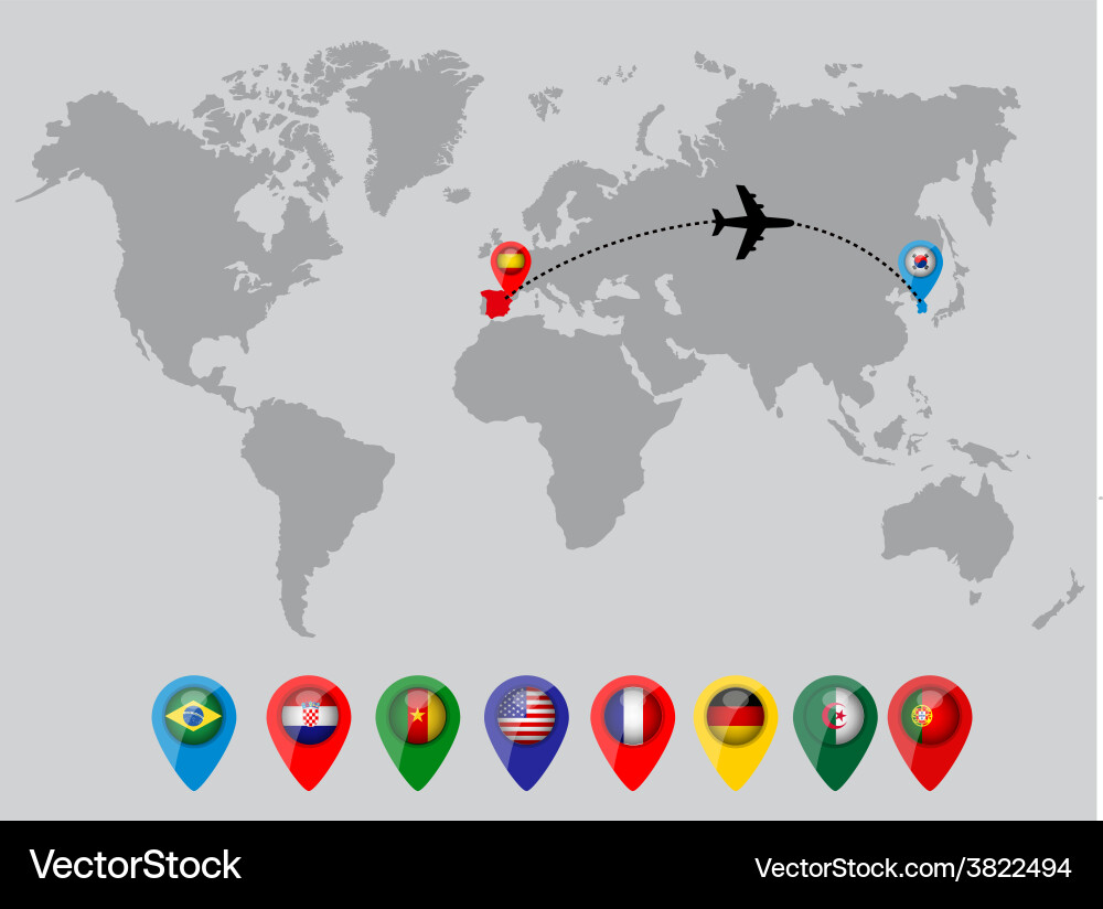 World map with country flag pins Royalty Free Vector Image