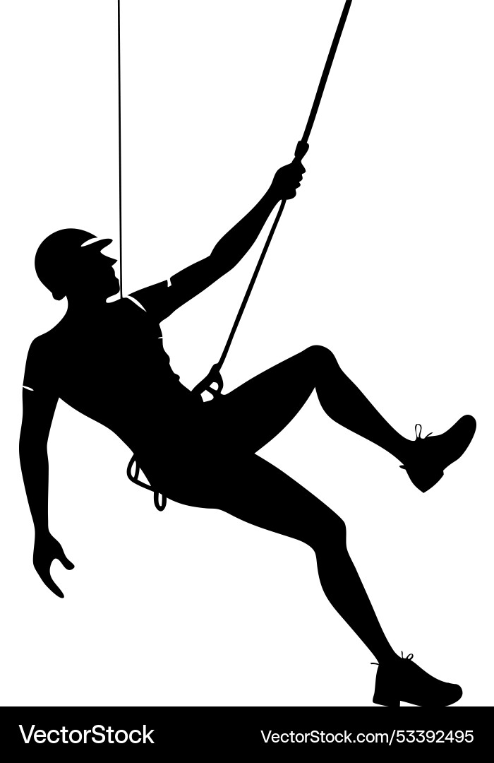 Silhouette of a rock climber rappelling down Vector Image