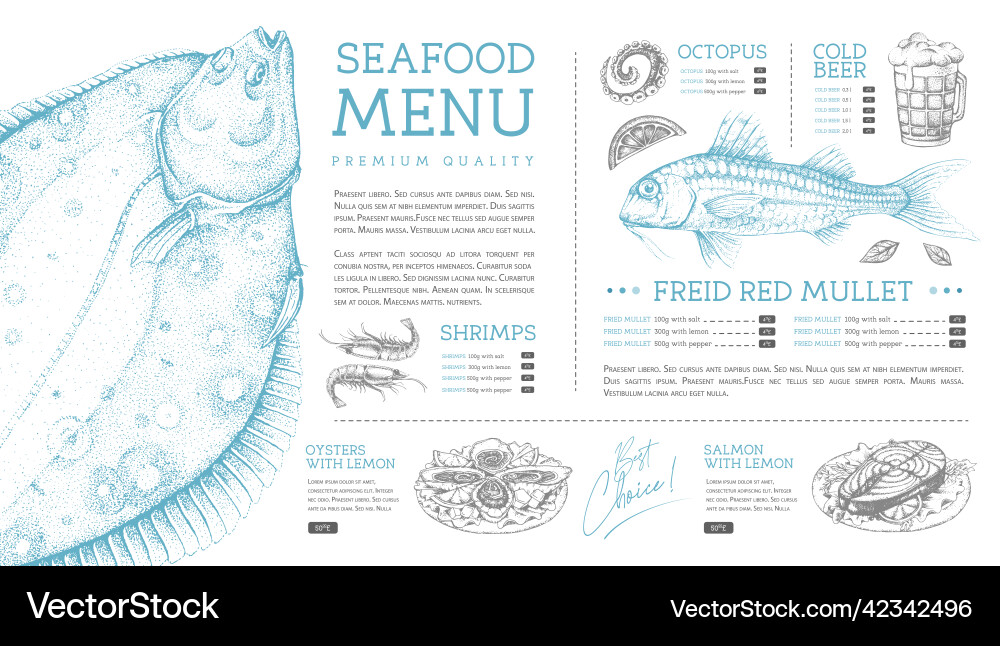 Seafood restaurant menu design with fish Vector Image