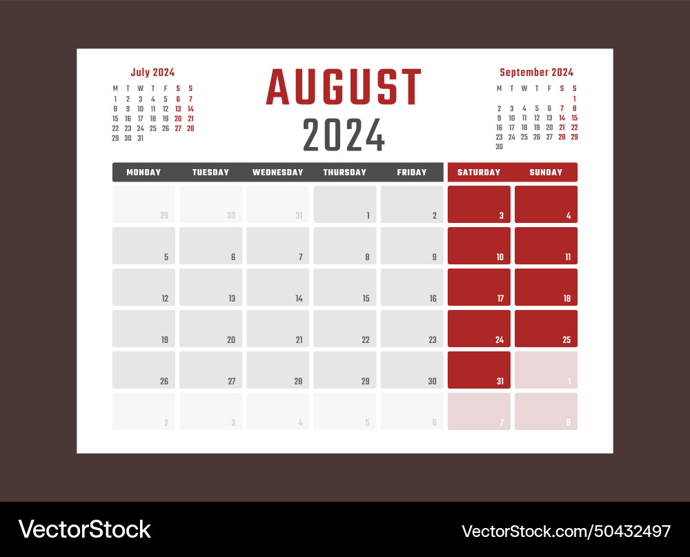Calendar for august 2024 starts monday Royalty Free Vector