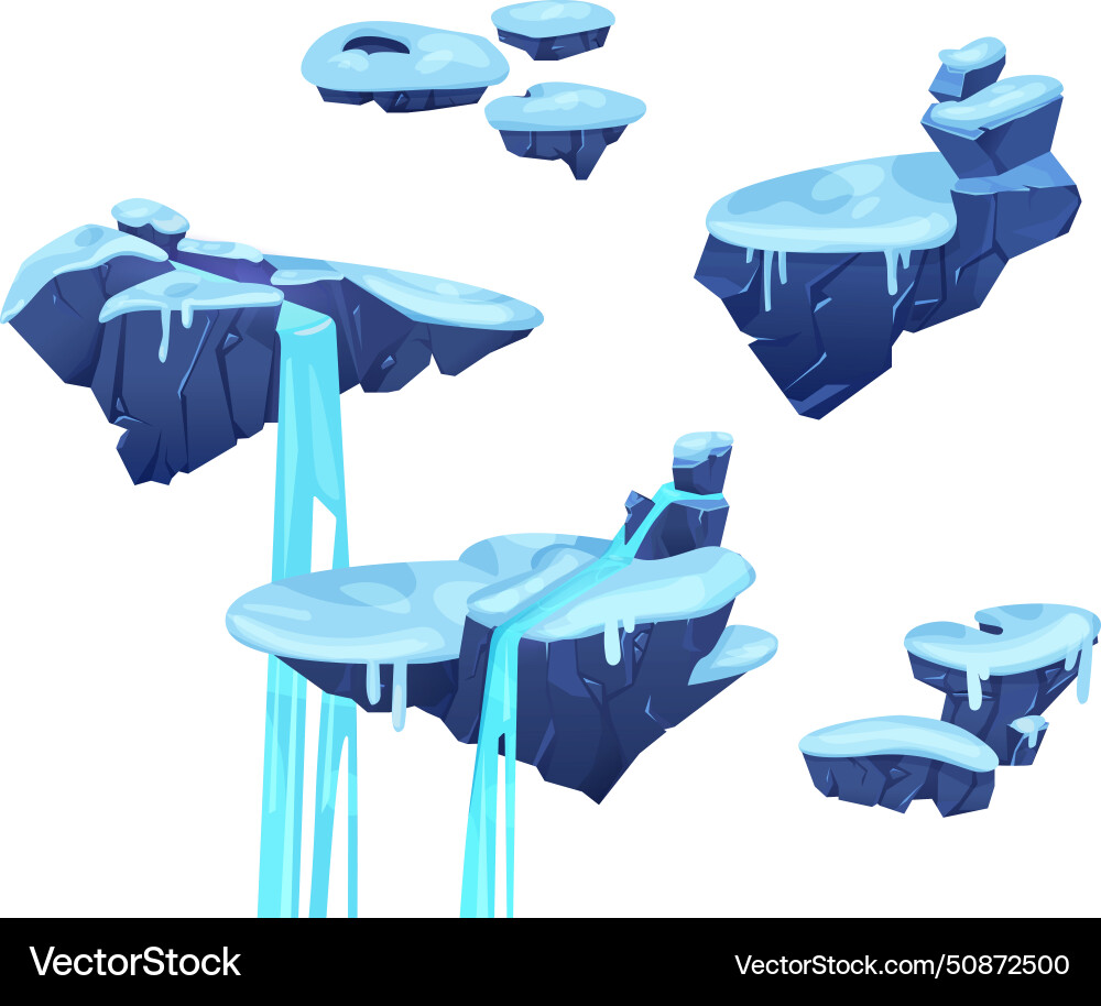 Game level platforms with ice and waterfall Vector Image