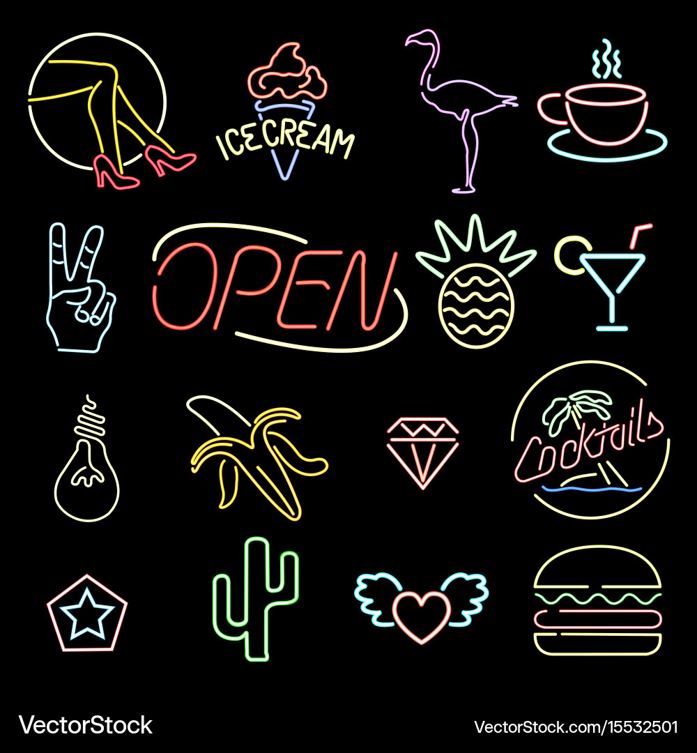 Colorful neon signages set Royalty Free Vector Image