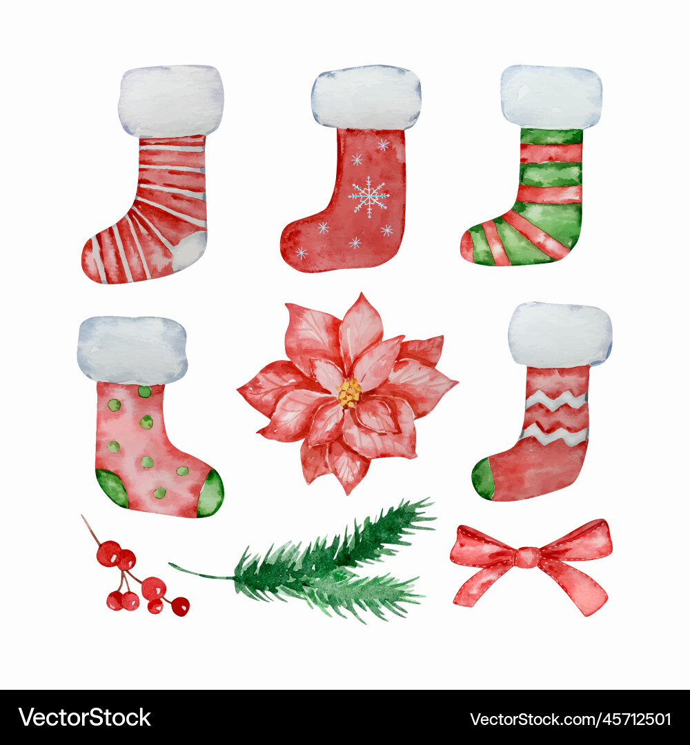 Watercolor set of christmas stockings and winter Vector Image