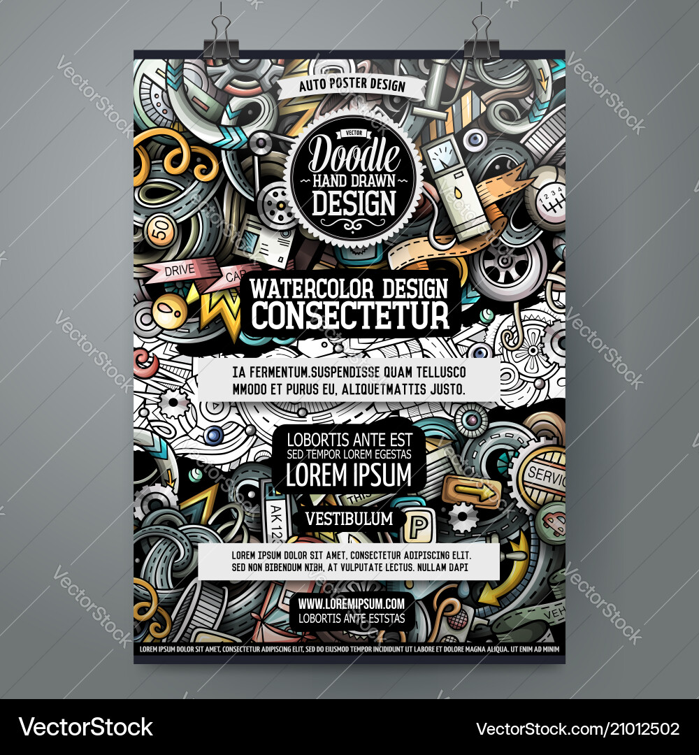 Cartoon hand drawn doodles auto poster design Vector Image