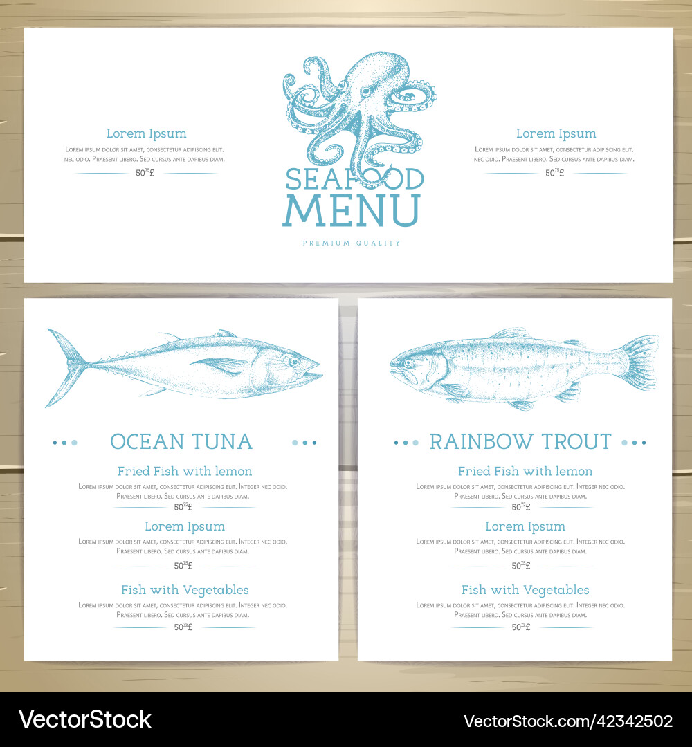 Seafood restaurant menu design with fish Vector Image