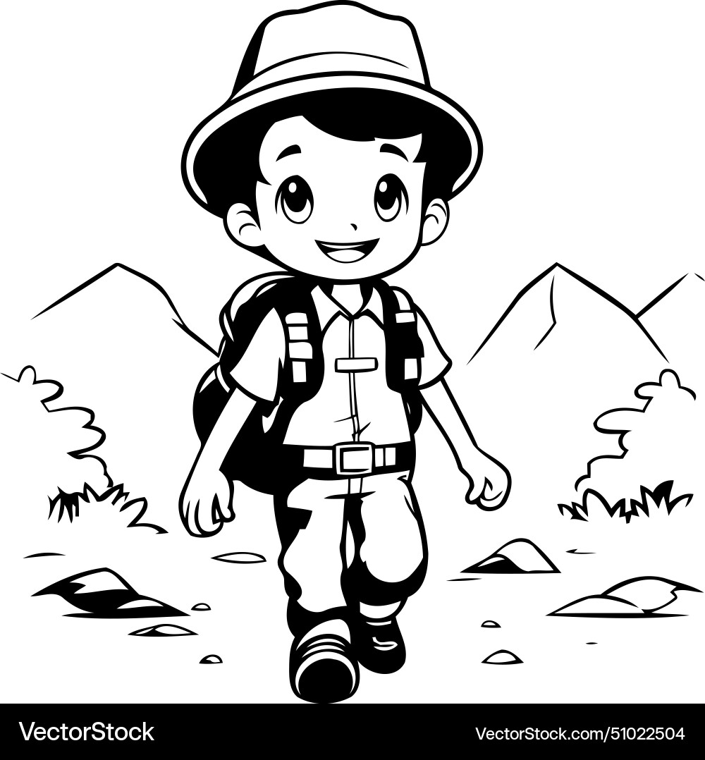 Boy explorer with backpack and hat hiking Vector Image