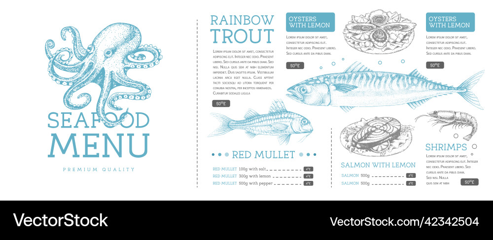 Seafood restaurant menu design with fish Vector Image