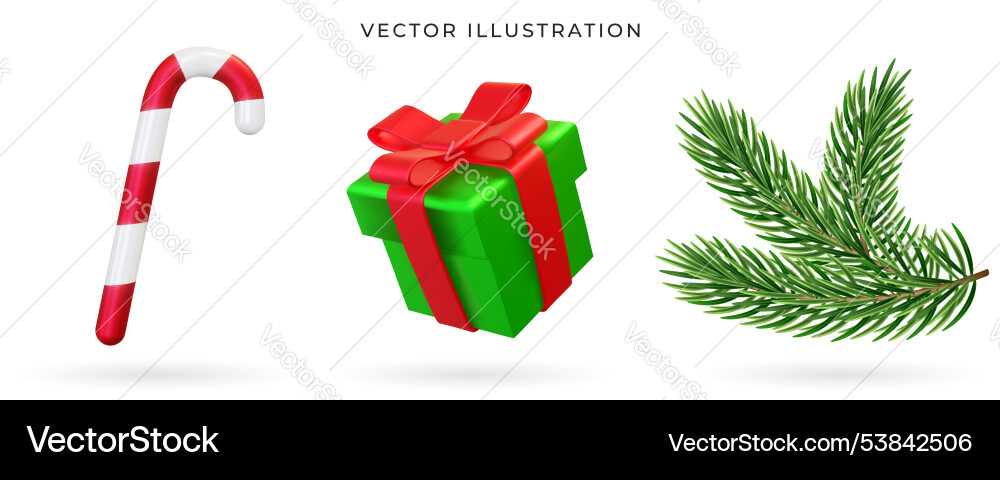 3d candy cane christmas gift box evergreen pine Vector Image