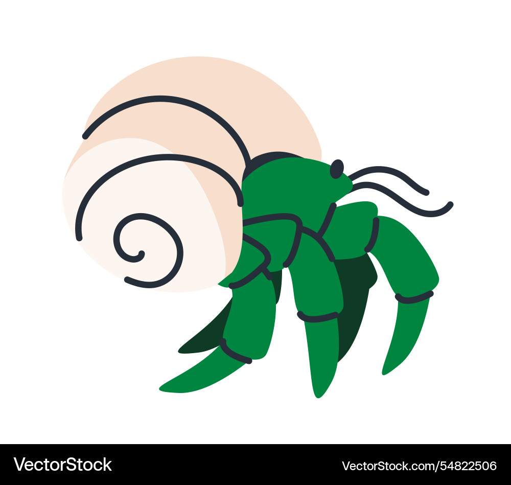 Green hermit crab with a beige spiral shell drawn Vector Image