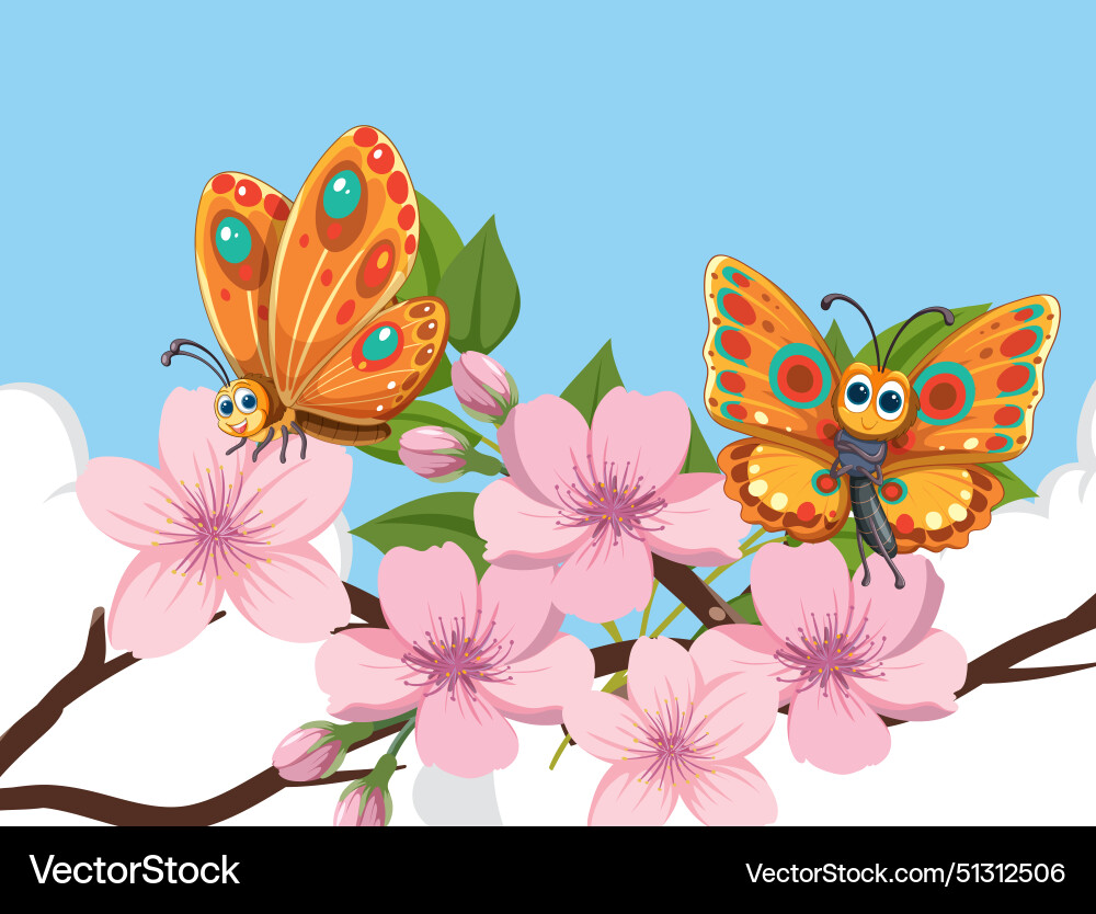 Two vibrant butterflies enjoying pink spring Vector Image