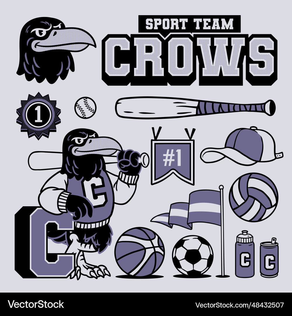Crow mascot and sport object collection Royalty Free Vector