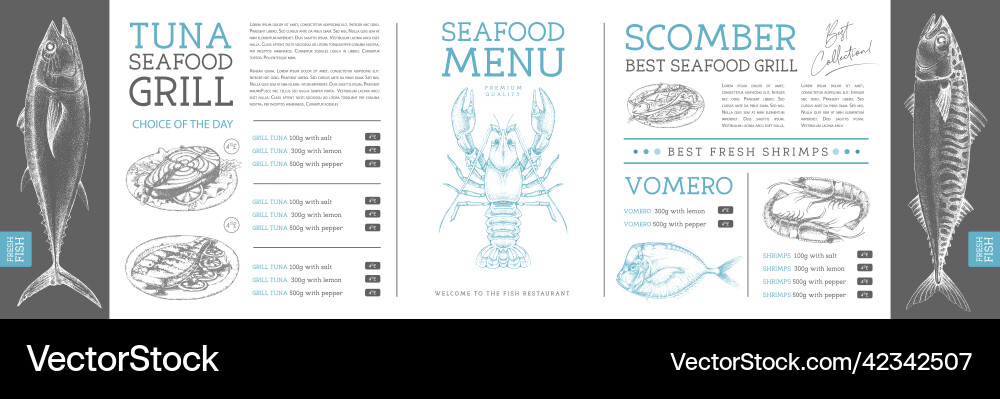 Seafood restaurant menu design with fish Vector Image