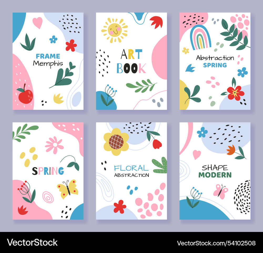 Abstract cute posters doodle flowers and leaves Vector Image