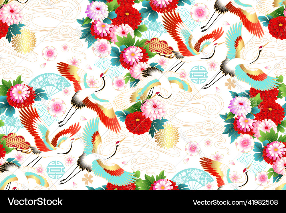 Spring japanese background with fans and cranes Vector Image