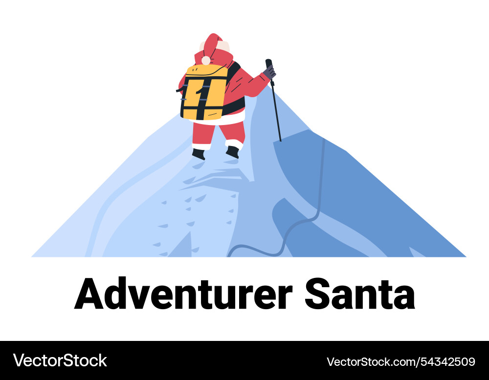 Santa climbing snowy mountain with backpack hiking