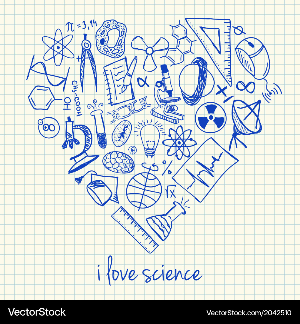 I love science doodles in heart Royalty Free Vector Image