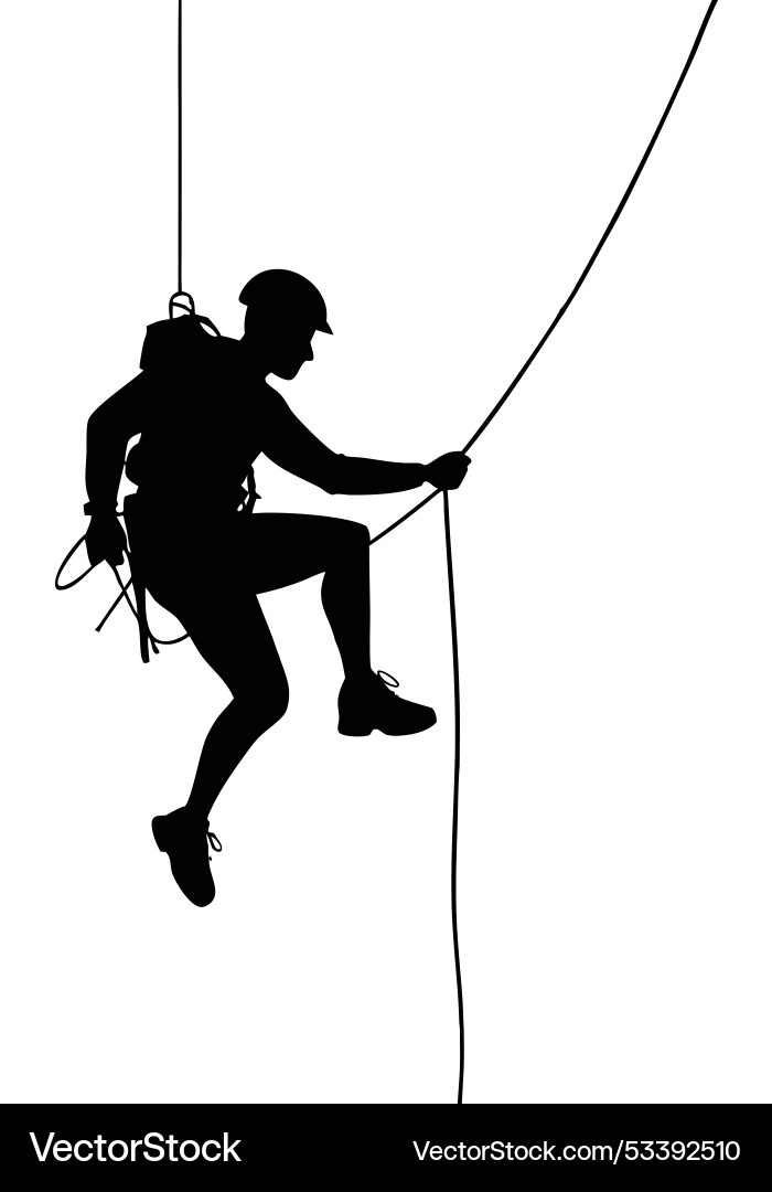 Silhouette of a rock climber rappelling down Vector Image