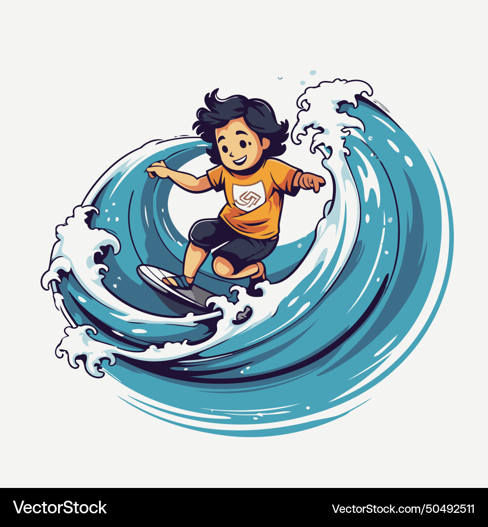 Boy riding on a surfboard the waves Royalty Free Vector
