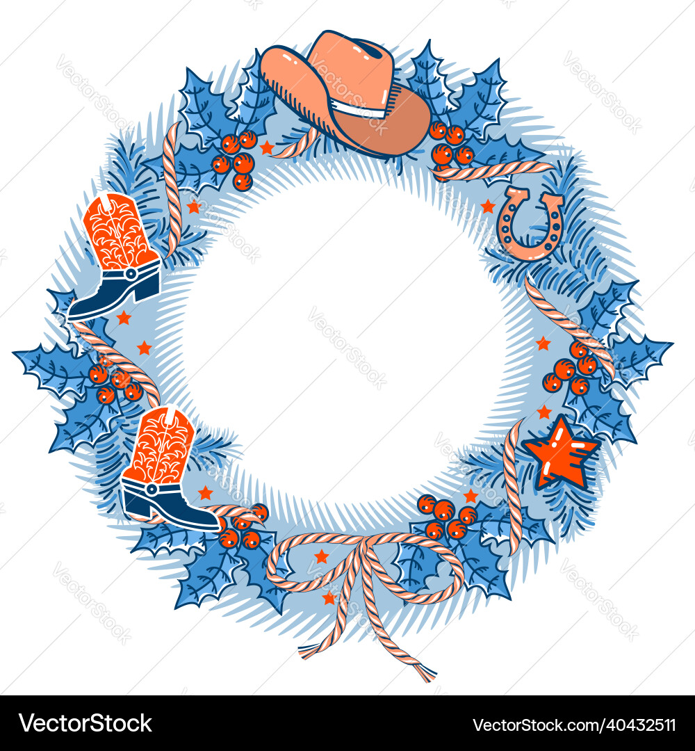 Cowboy christmas western wreath Royalty Free Vector Image