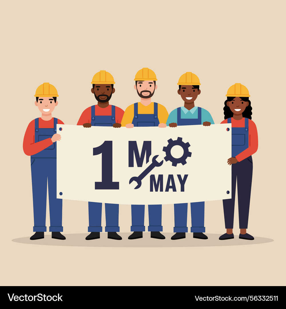 Diverse construction workers holding may day Vector Image