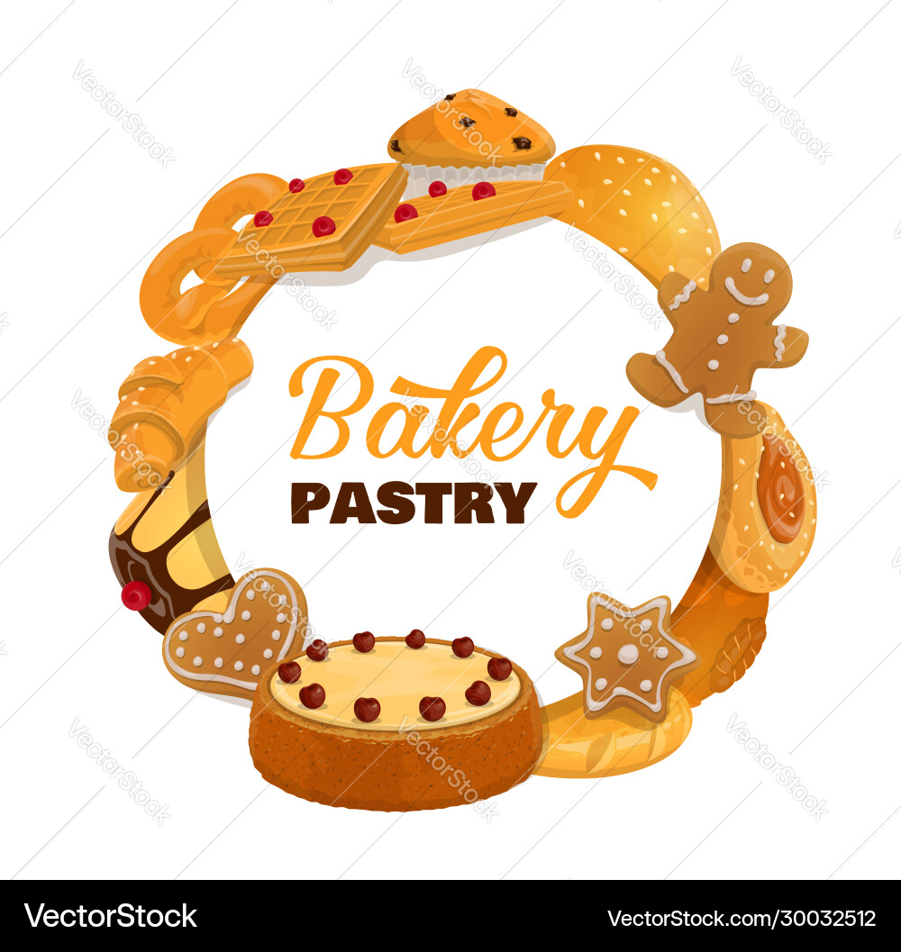 Bakery and pastry desserts round frame Royalty Free Vector