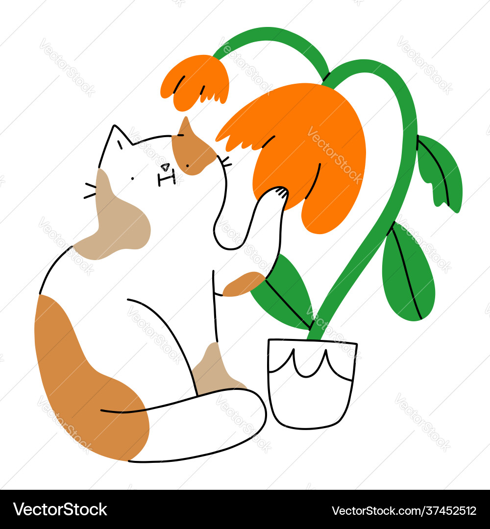 Cat Chewing Flower in Pot Royalty Free Vector Image