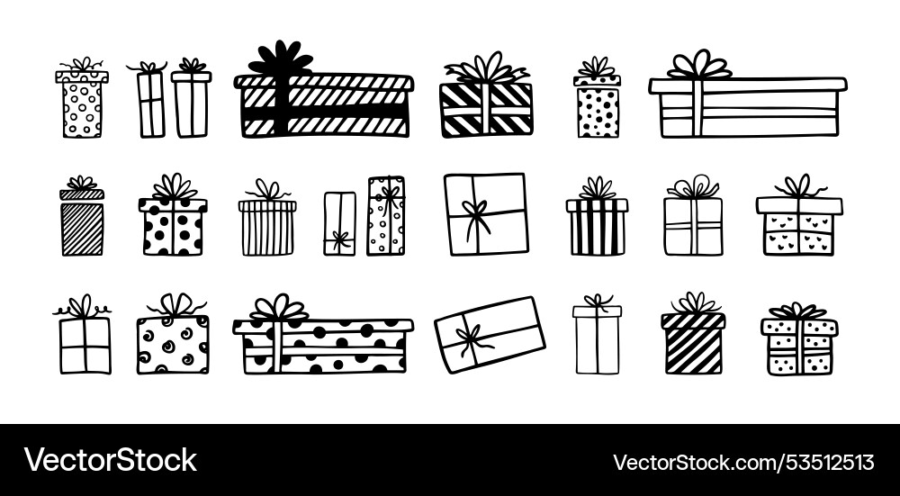 Hand drawn gift boxes doodle outline set present Vector Image