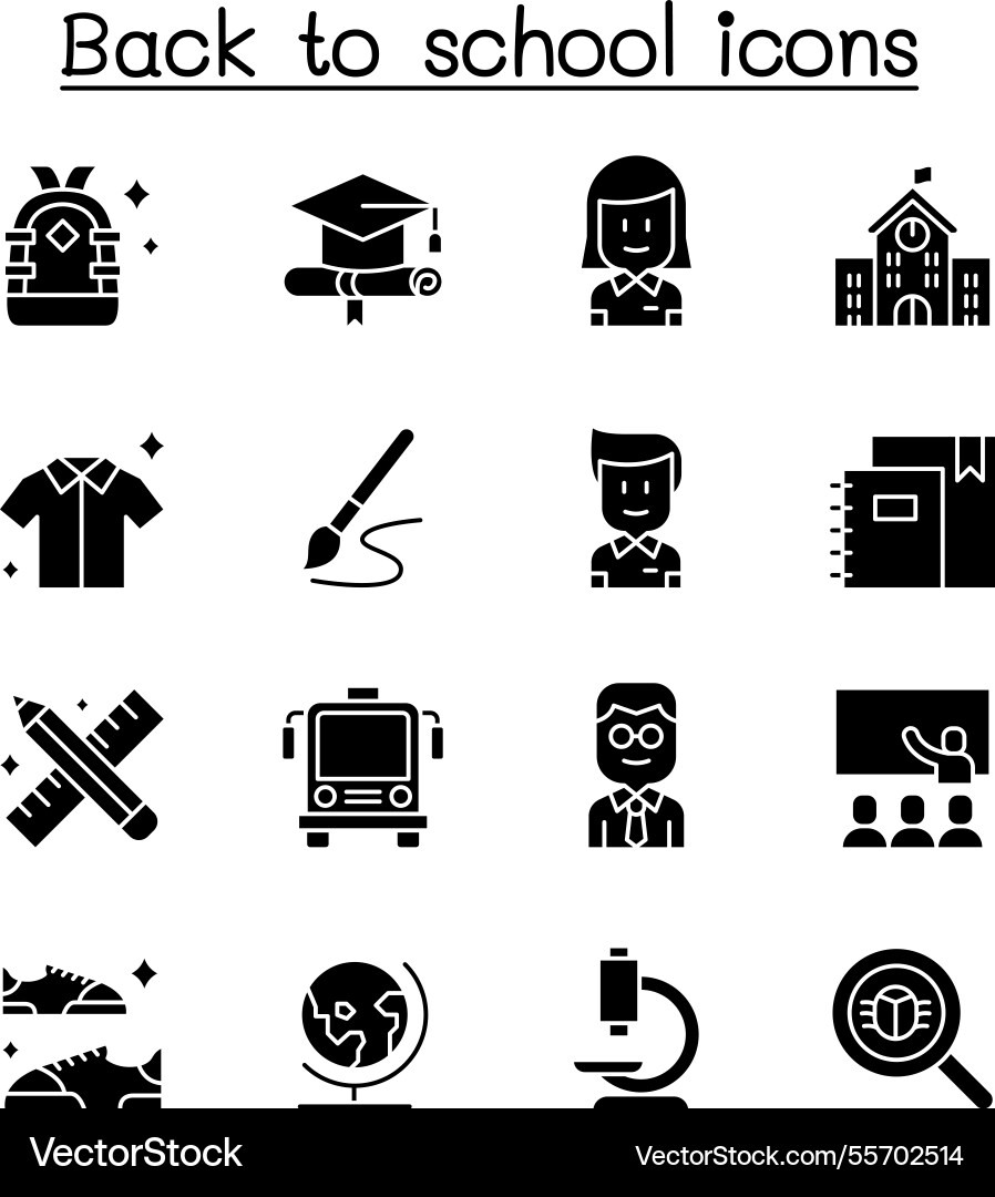 Back to school icon set in glyph style Royalty Free Vector