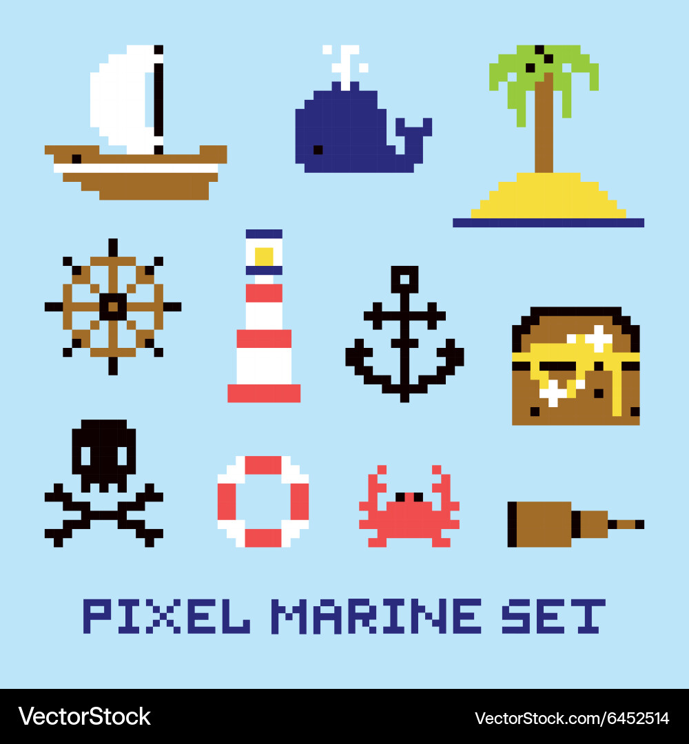Pixel art marine isolated set Royalty Free Vector Image