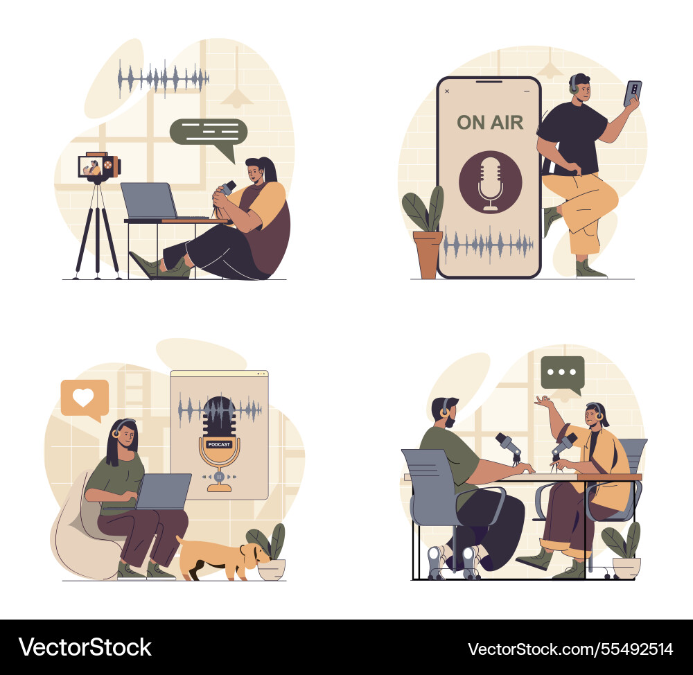Podcast streaming concept scenes set in flat web Vector Image