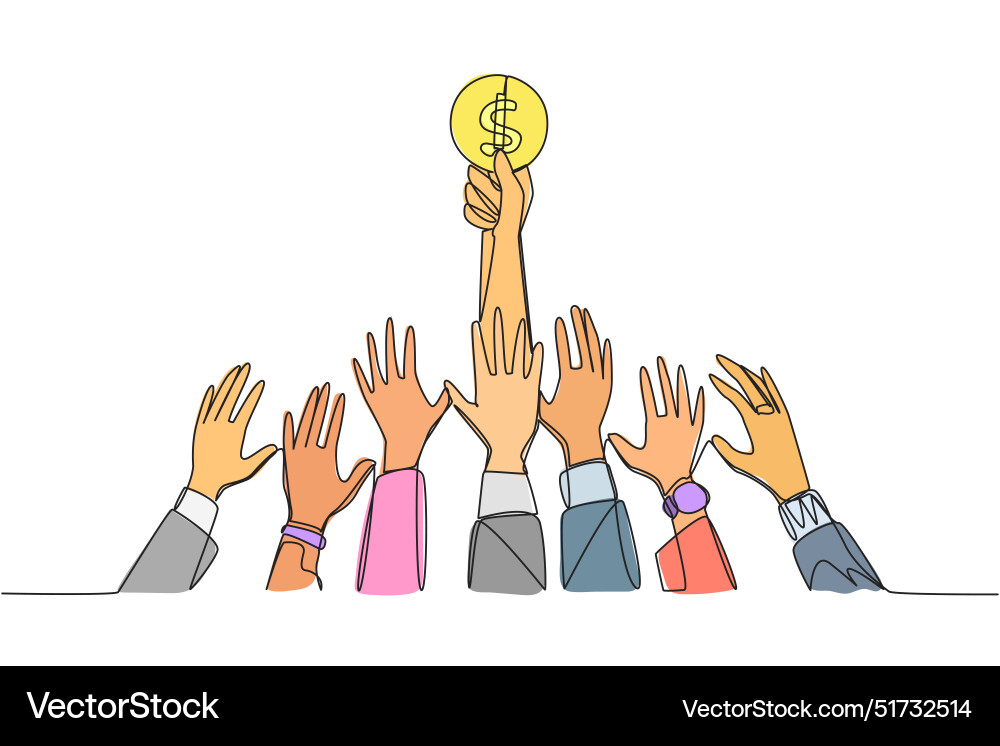 Single one line drawing hands fighting over coins Vector Image