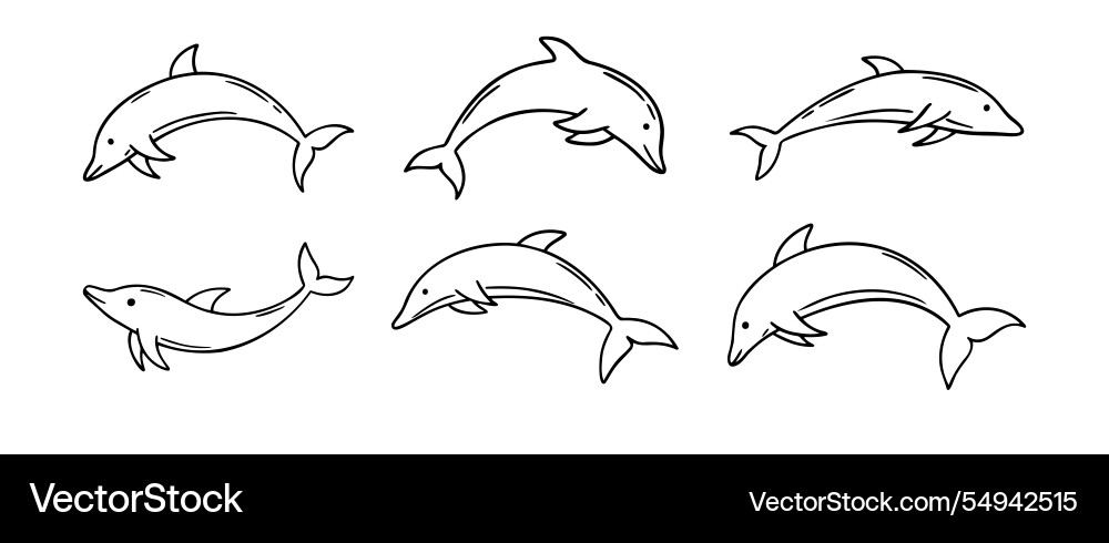 Dolphin doodle hand drawn icon set outline Vector Image