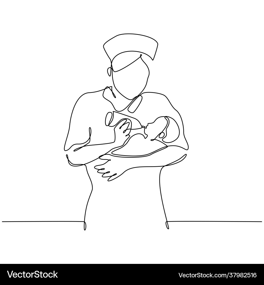Continuous line drawing nurse with ba Royalty Free Vector
